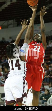 Georgia forward Porsha Phillips (21) goes up for a shot in the game ...