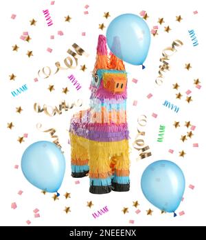 Bright funny pinata and party decor on white background Stock Photo - Alamy