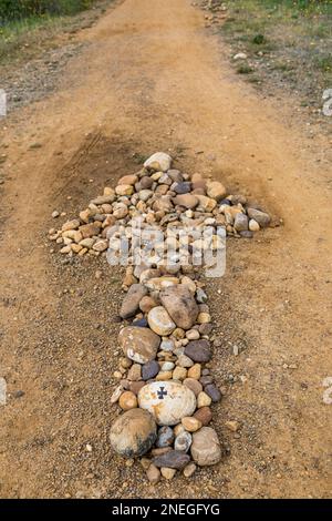 Way marker with stones along the Camino de Santiago, route Frances ...