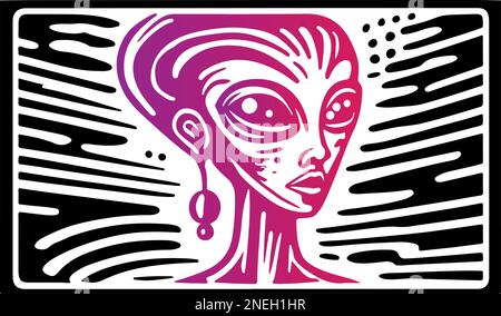 Beautiful and mysterious linocut art of an alien made for print digital ...