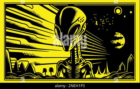 Beautiful and mysterious linocut art of an alien made for print digital ...