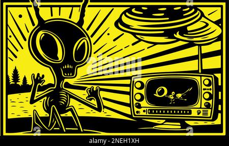 Beautiful and mysterious linocut art of an alien made for print digital ...