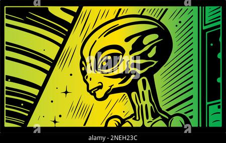 Beautiful and mysterious linocut art of an alien made for print digital ...