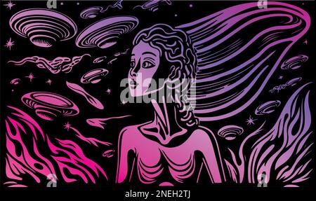 Beautiful and mysterious linocut art of an alien made for print digital ...