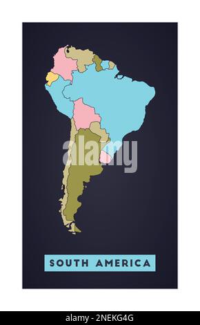South America map. Continent poster with colored regions. Old grunge ...