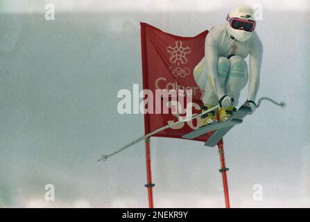 Brigitte Oertli from Switzerland flies down the race course at Mt ...