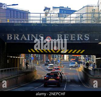 Brains Beers advertisement on a railway bridge, Cardiff city centre ...