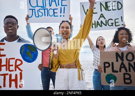 Protest, climate change and megaphone with black woman at the beach for ...
