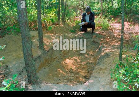 A newspaper reporter looks over the grave site of kidnapped Exxon ...