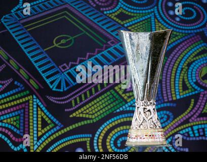 The UEFA Cup trophy is seen displayed after a handover ceremony in ...