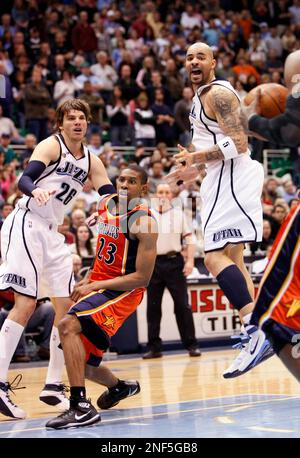 Utah Jazz players Carlos Boozer, left, and Deron Williams celebrate ...
