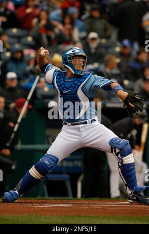 Kansas City Royals catcher John Buck celebrates after hitting his first ...