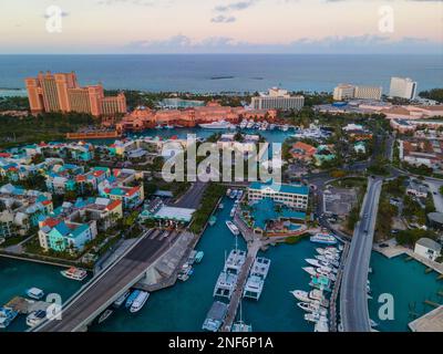 Harborside Villas at sunset aerial view and Paradise Island Bridge at ...