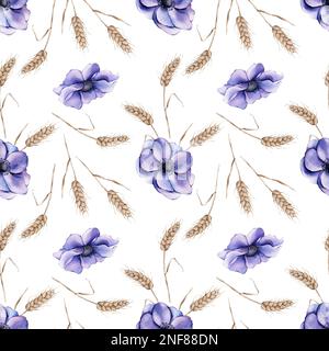 Seamless wheat spikelet pattern, purple anemones. Watercolor herbal ...