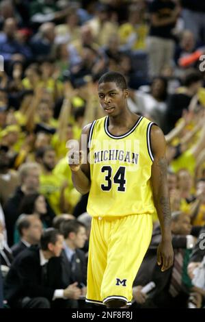 Michigan forward DeShawn Sims (34) shoots over Iowa forward Jarryd Cole ...