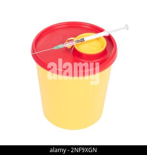 Medical box with contaminated needles isolated on white with clipping ...