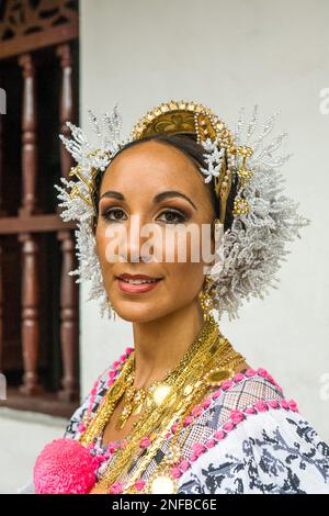 Panamanian woman in a colorful traditional pollera, the national dress ...