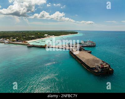Aerial view of Santa Fe port with ferry docked in Bantayan island near ...