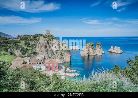 View of the ancient tuna fishery of Scopello at dusk, Sicily Stock ...
