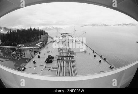 This general view of the tanker ARCO Juneau shows pipes at left that ...