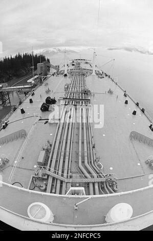 This general view of the tanker ARCO Juneau shows pipes at left that ...