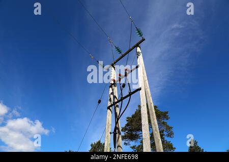 Electric grid in Norway. Wooden electric pole with glass insulators ...
