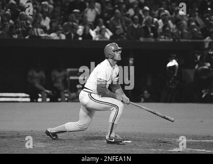 St. Louis Cardinals batter Darrell Porter drops his bat and heads for ...