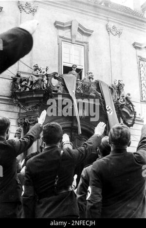Adolf Hitler on the balcony of the town hall in Jaegerndorf (today ...