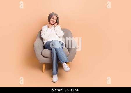 Full length photo of pretty shiny small kid wear striped sweater ...