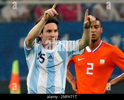 Lionel Messi after scoring at the 2008 Olympic Games in a game against ...