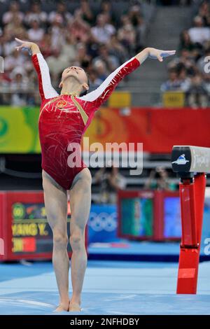 China's gymnast Yang Yilin poses after her performance on the vault ...
