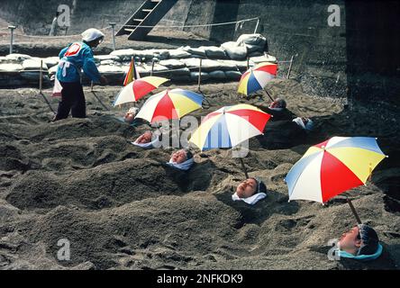 People buried in volcanic sand, Ibusuki Onsen, taken in 1997, Ibusuki ...