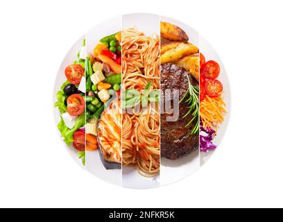 food collage of various meals in a plate isolated on white background ...