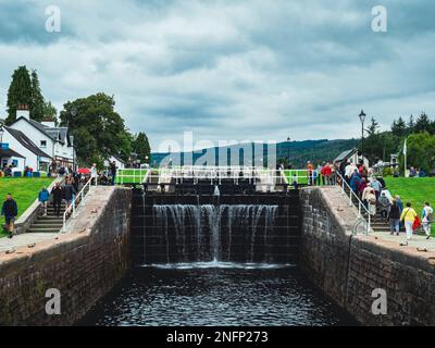 Caledonian Canal locks at the popular tourist village of Fort Augustus ...
