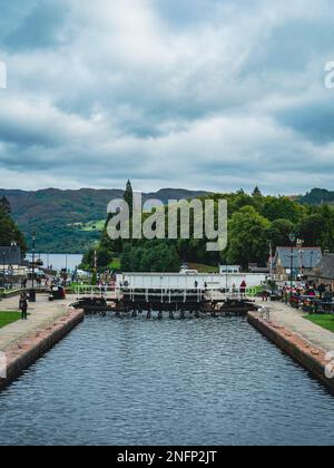 Caledonian Canal locks at the popular tourist village of Fort Augustus ...