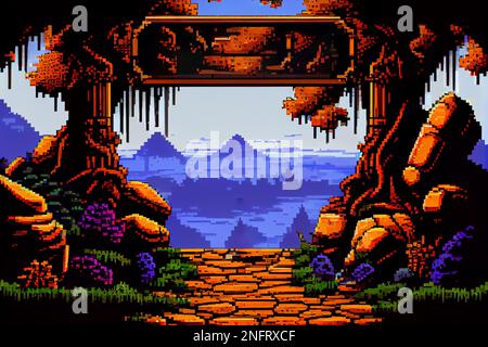 Video game background landscape with mountains and forests in 16 bit pixels. Retro video arcade ...