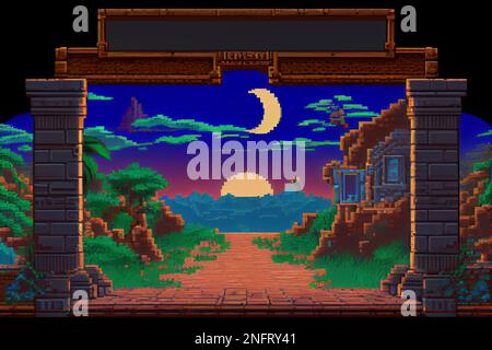 Video game background landscape with mountains and forests in 16 bit pixels. Retro video arcade ...