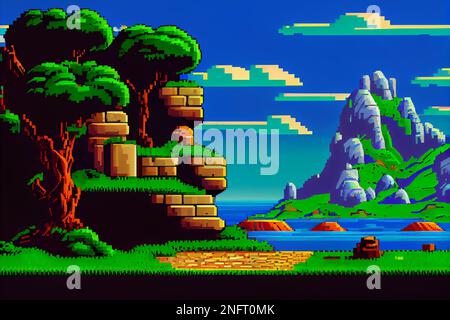 Video game background landscape with mountains and forests in 16 bit pixels. Retro video arcade ...