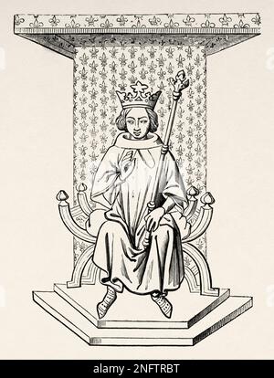 Louis IX King of France depicted on his regal chair tapestried in ...
