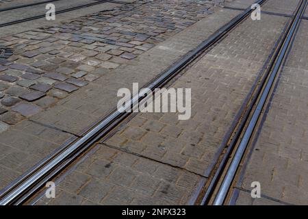 Metallic tracks in urban environment for tram. background image Stock ...