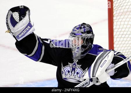 Los Angeles Kings goalie Jean-Sebastien Aubin gestures to bench during ...