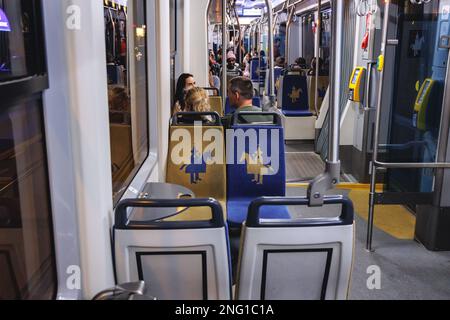 Interior of tram with Lajkonik symbols in Krakow city, Lesser Poland ...