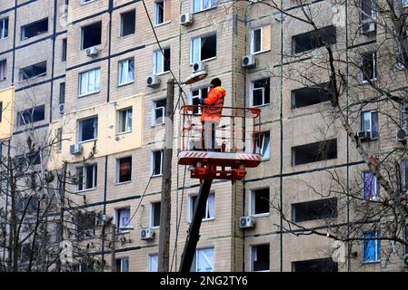 Broken windows of residential civilian building after Russian rocket ...