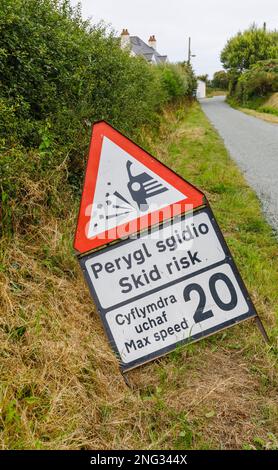 Loose chippings skid risk road sign in Marloes, a small village on the ...