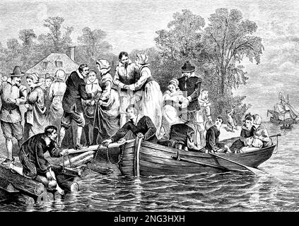 Engraving of the arrival of the wives of the settlers of Jamestown ...
