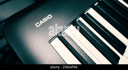 Casio logo on digital music synthesizer. Casio Computer Co., Ltd. is a ...