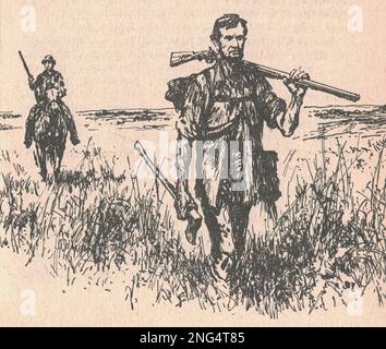 Black and white illustration shows hunters in the jungle. Drawing shows ...