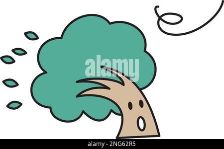 A tree character that is blown by a strong wind. Black and white line ...