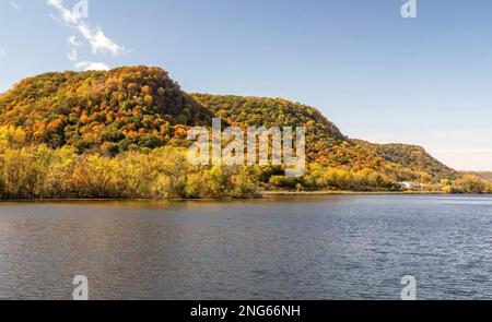 West Lake Winona with bluffs and trees showing off their autumn colors ...