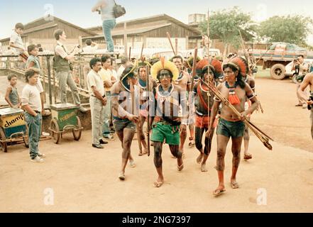 Altamira, Brazil. Kayapo Indians in a war dance with borduna clubs ...